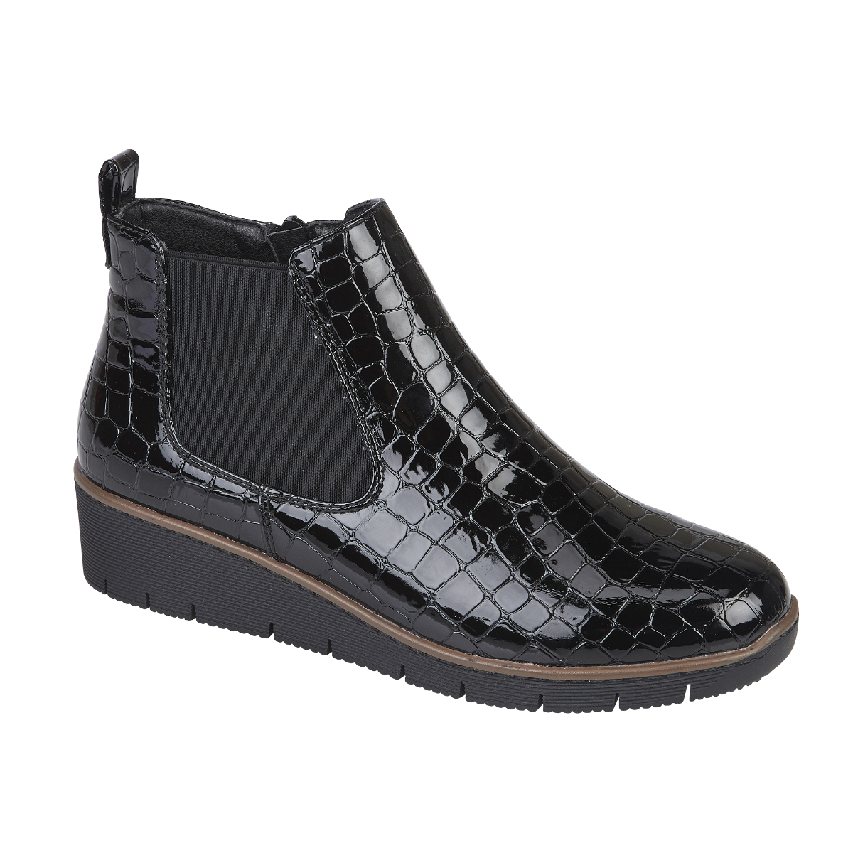 Ladies Jo & Joe Boots Black Faux Croc Patent Gusset Boot Pull On "Waln ...